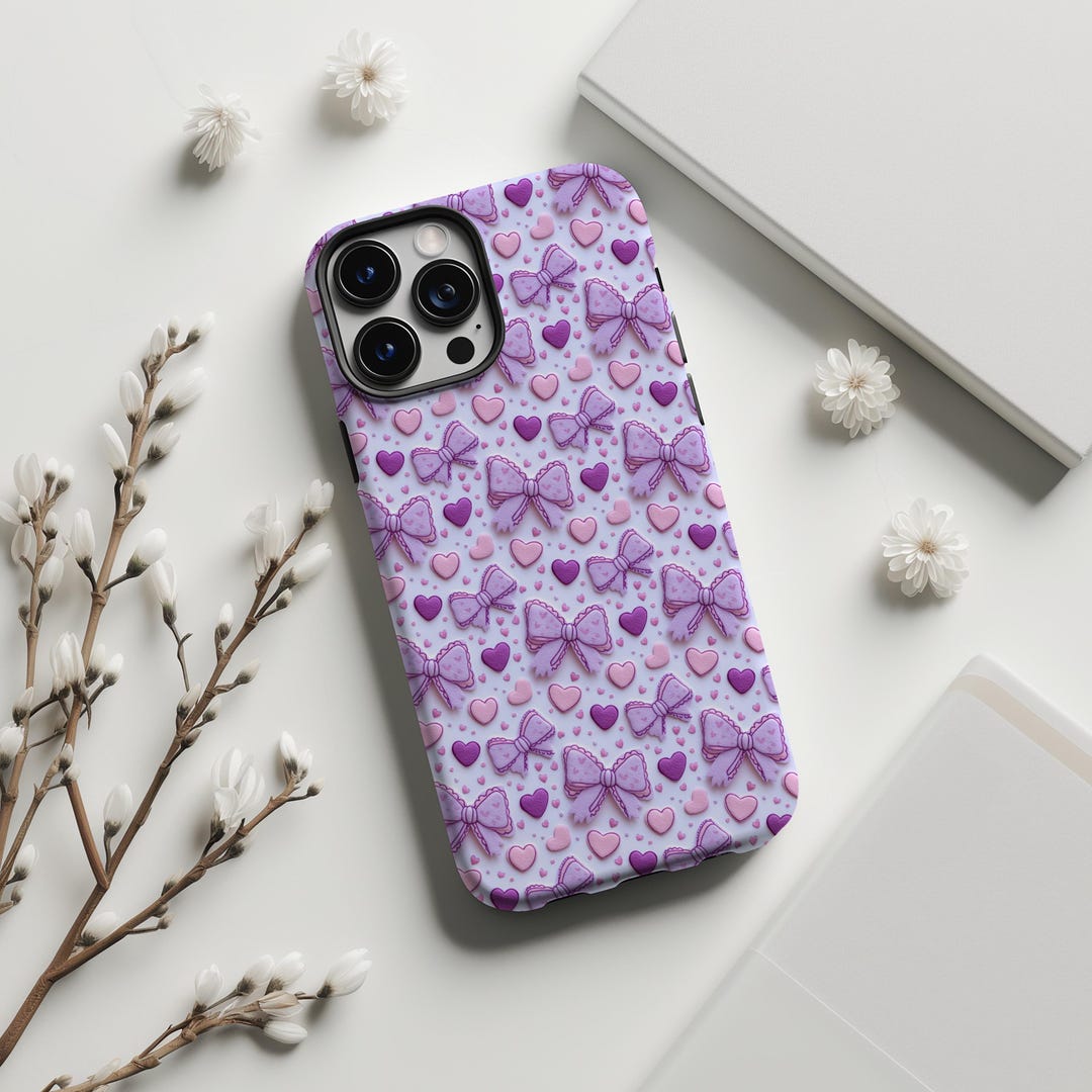 Cute Coquette Purple Bows Pink Hearts Phone Case, Kawaii Pastel Gift ...