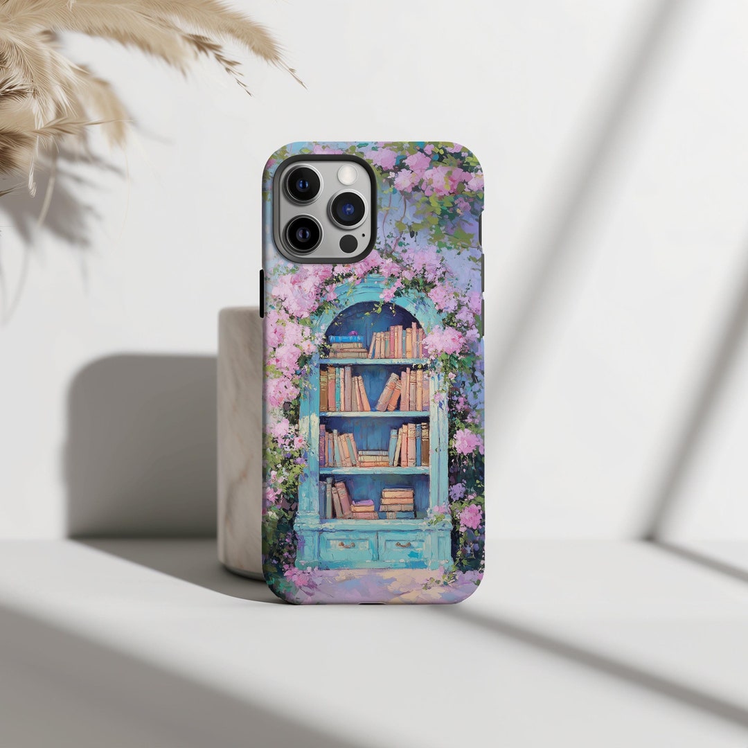 Vintage Floral Bookshelf Phone Case, Unique Book Lover's Gift, Blue ...