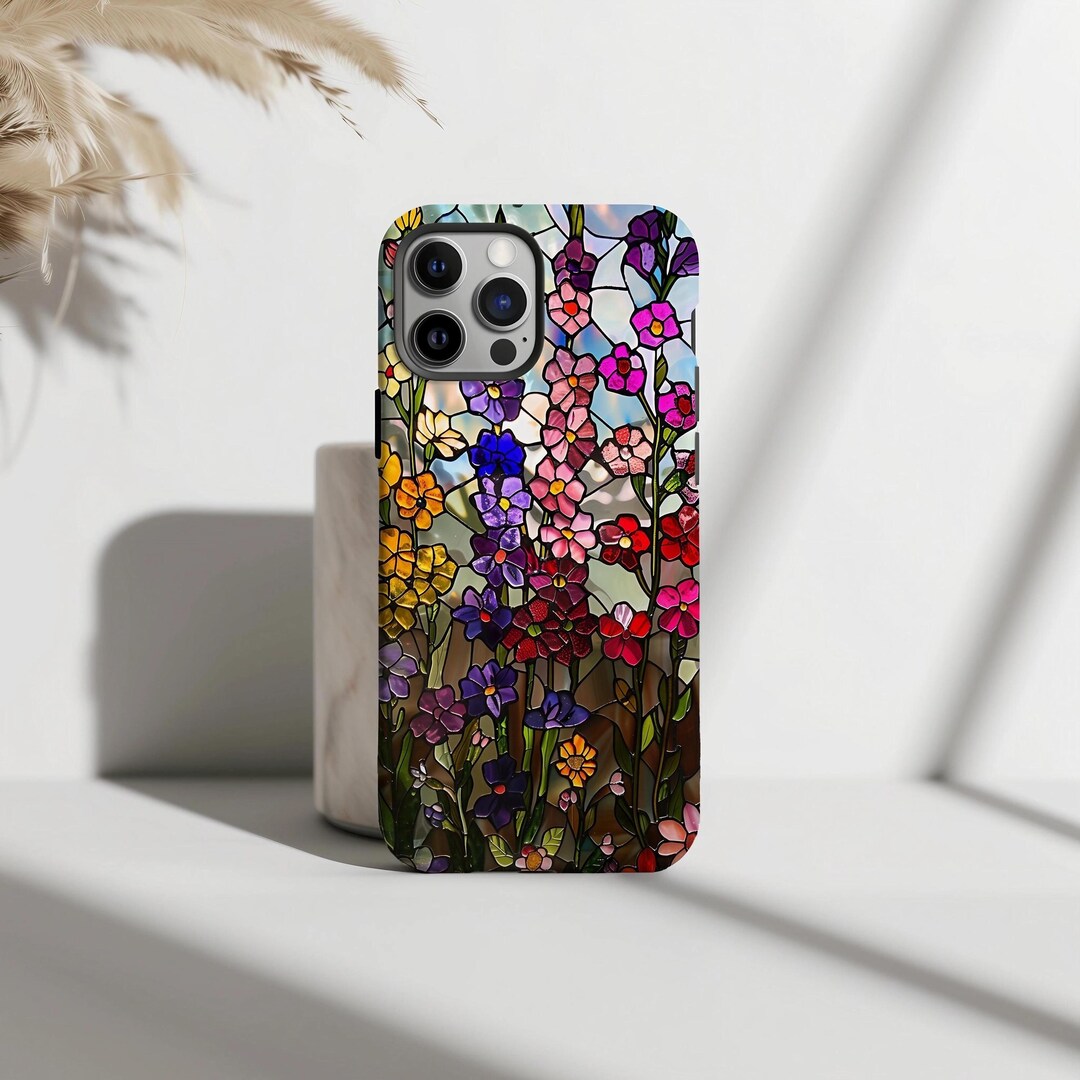 Custom Stained Glass Wildflower Phone Case Boho Floral Aesthetic iPhone 16 15 14 13 12 Pro Max ...