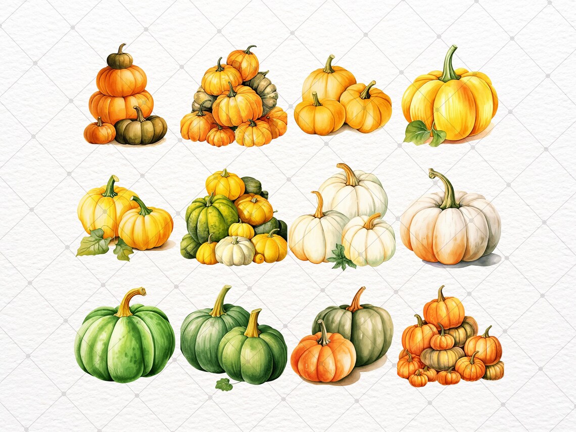 24 Watercolor Autumn Pumpkin Clipart - Fall Halloween Clip Art, Garden ...