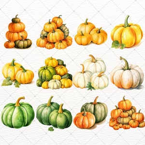 24 Watercolor Autumn Pumpkin Clipart - Fall Halloween Clip Art, Garden ...