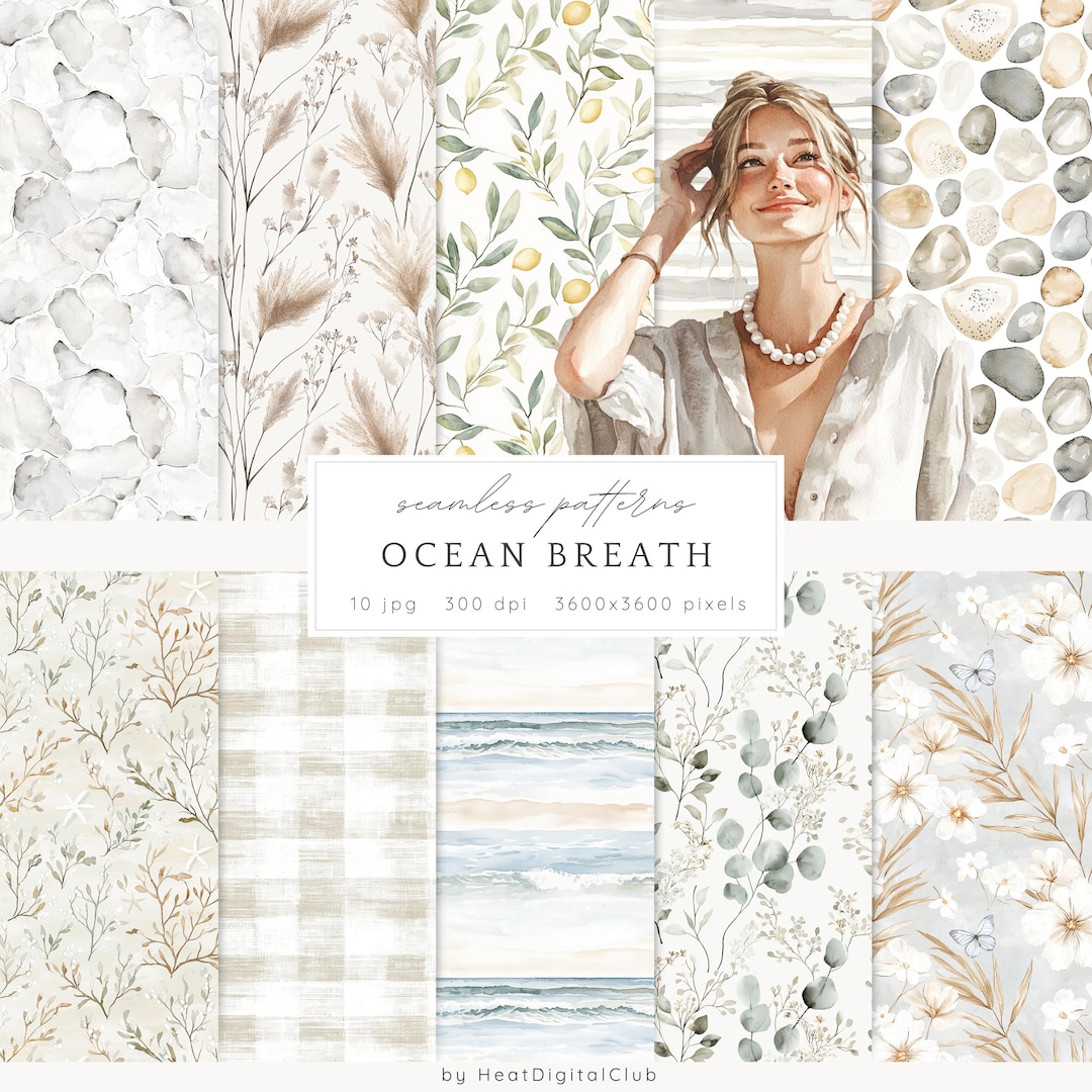 Watercolor Ocean Breath Seamless Patterns, Beach Pattern JPEG, Neutral ...