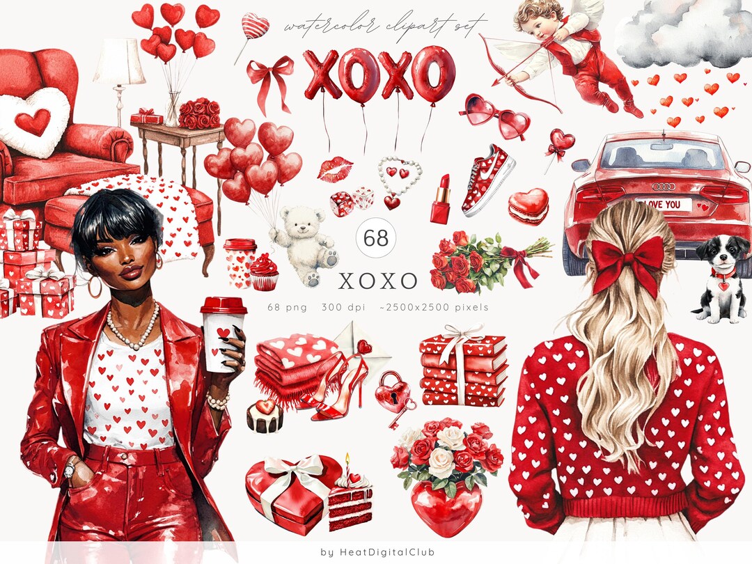 Watercolor Valentines Day Clipart Bundle, Romantic Clip Art PNG, XOXO ...