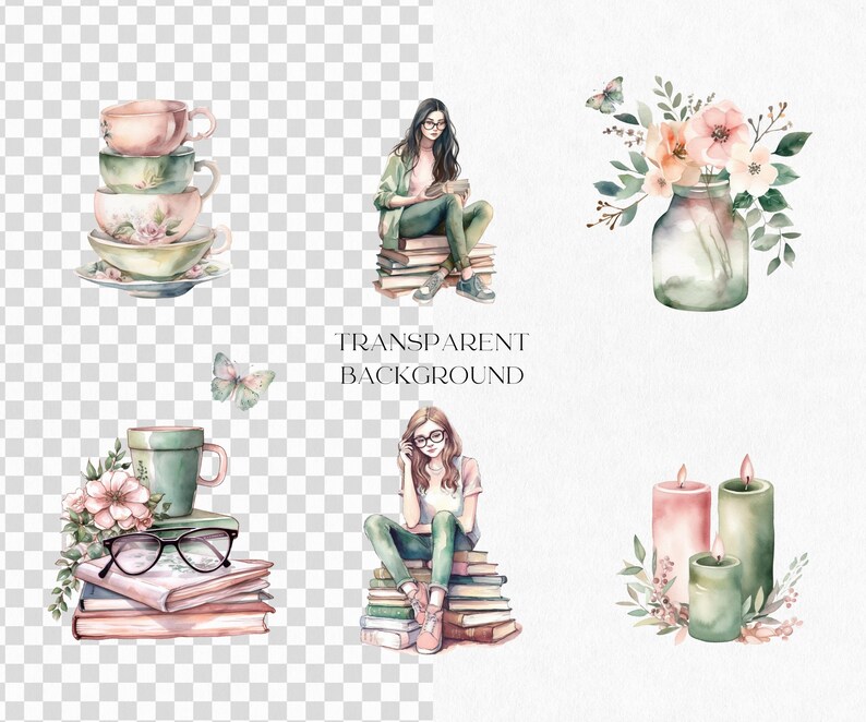 Watercolor Pink Green Bookworm Clip Art Bundle Bookshelf - Etsy