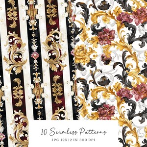 Watercolor Baroque Era Seamless Patterns, Vintage Elegant Floral JPEG ...