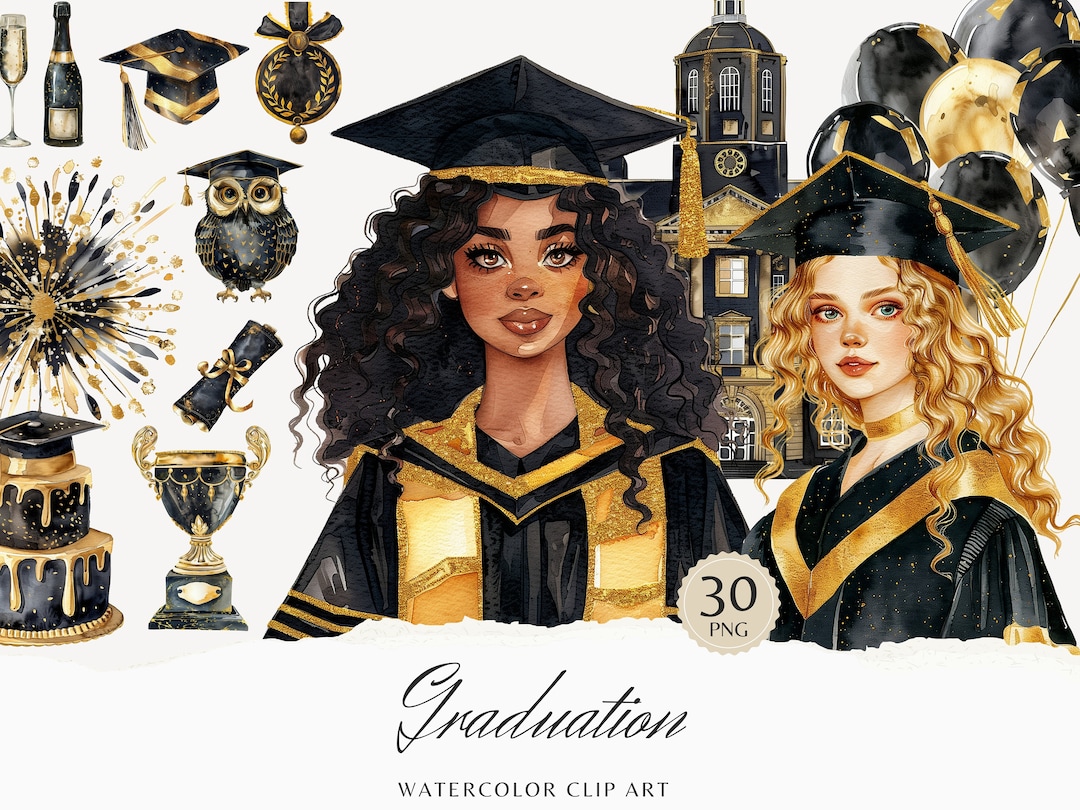 Watercolor Classic Graduation Clipart, Graduation Clip Art Bundle ...