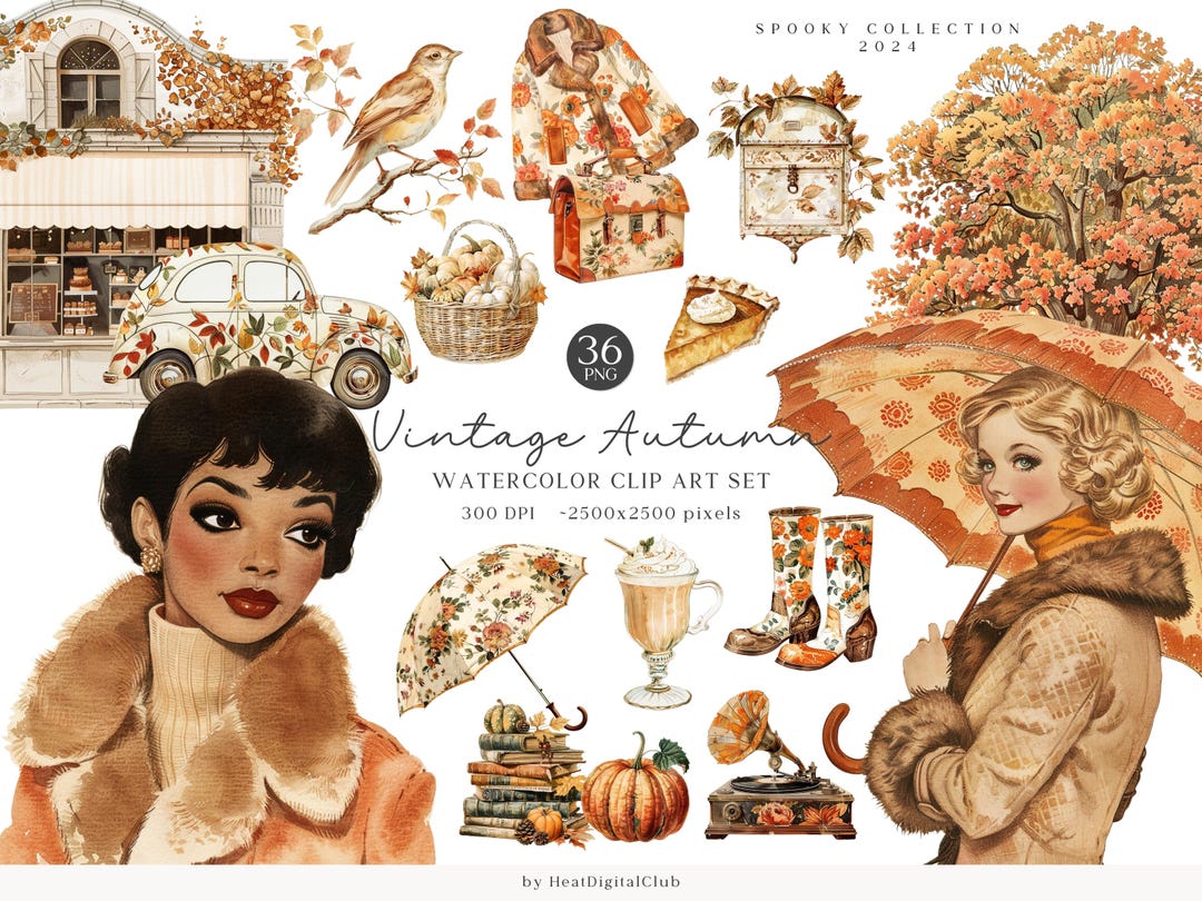 Watercolor Vintage Autumn Clipart Bundle, Antique Fall Clipart PNG ...