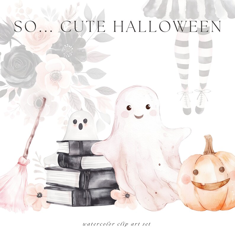 Watercolor Cute Halloween Clipart Bundle, Pastel Spooky Clip Art ...