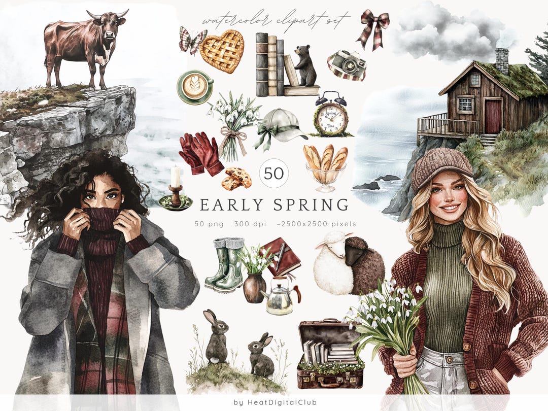 Watercolor Early Spring Clipart, Gloomy Cozy Spring Clip Art, Spring ...