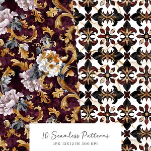 Watercolor Baroque Era Seamless Patterns, Vintage Elegant Floral JPEG ...