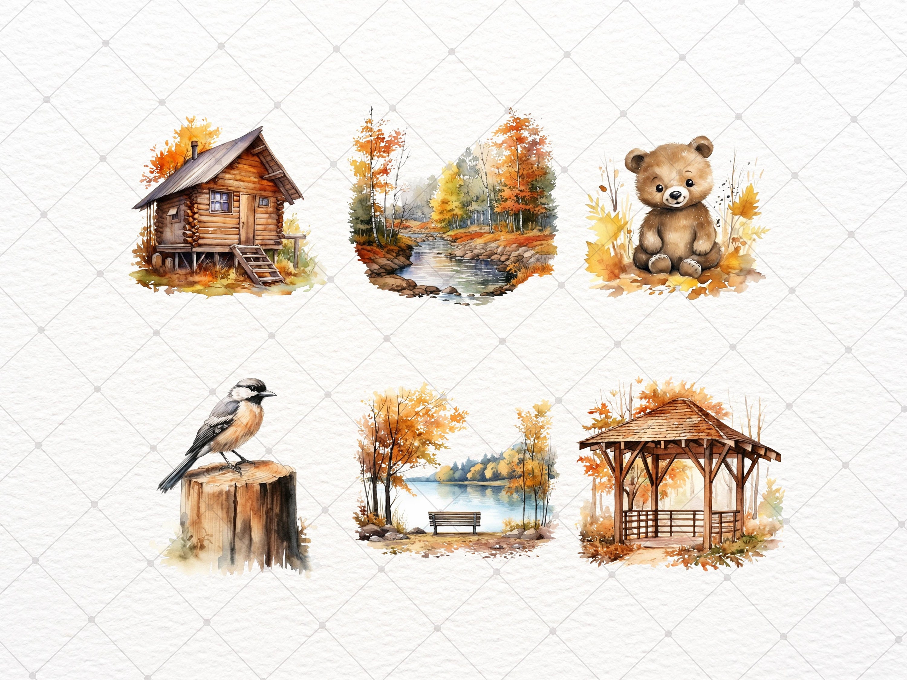 Watercolor Cozy Autumn Forest Clipart, Romantic Fall Forest Landscape ...