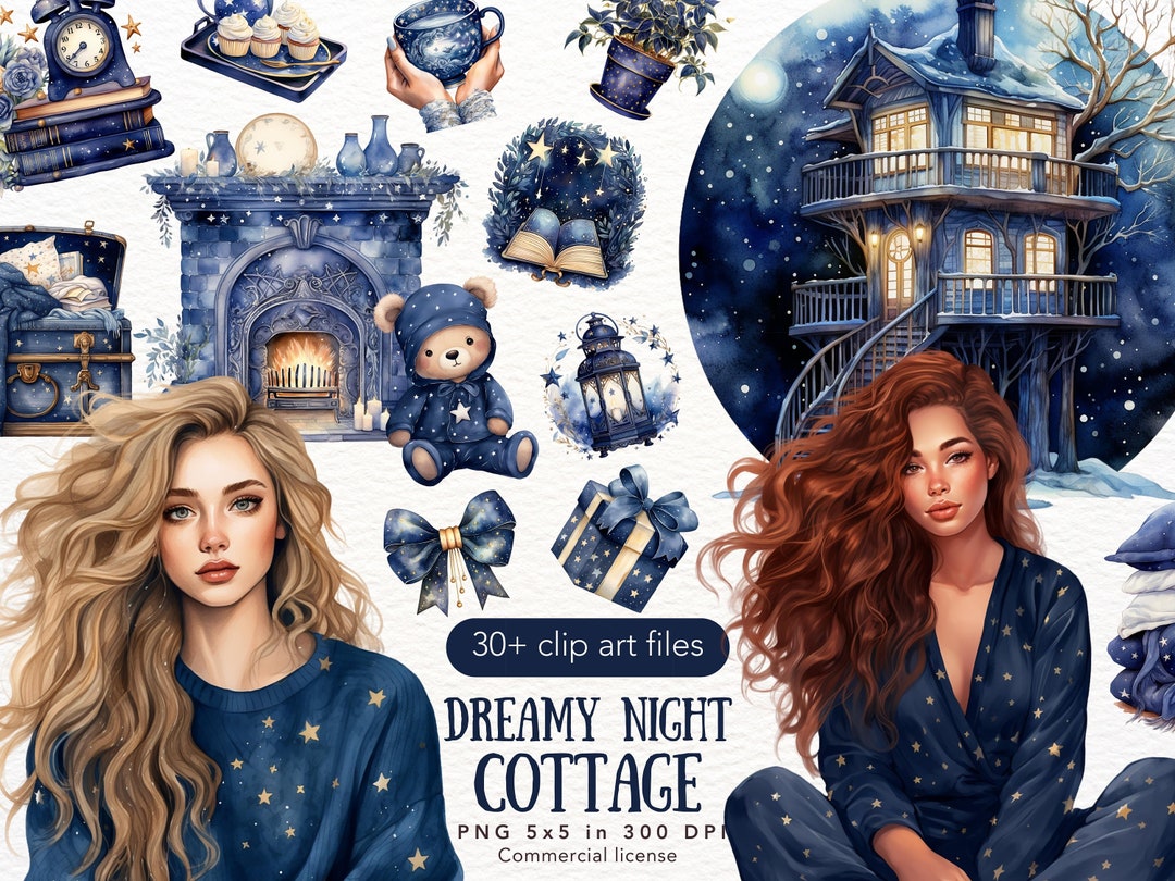 Watercolor Dreamy Night Cottage Living Clipart, Romantic Winter ...