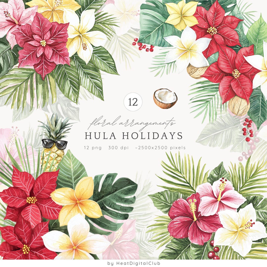 Watercolor Hula Holidays Arrangement Clipart, Hawaiian Christmas Clip ...