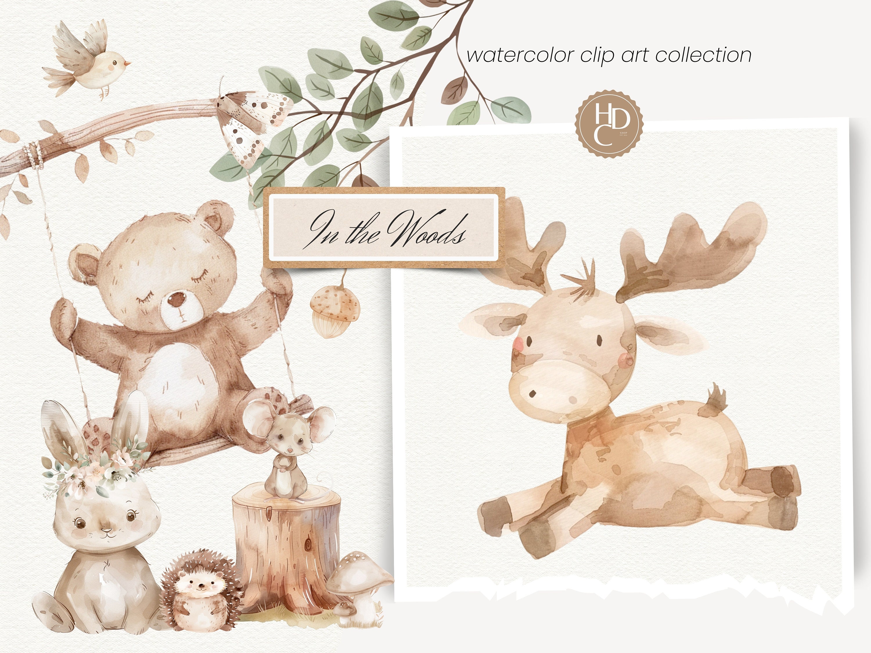 Watercolor in the Woods Clipart, Cute Woodland Animals Clipart, Baby ...