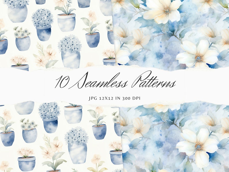 Watercolor Denim Spring Seamless Patterns, Floral Pattern JPEG, Spring ...