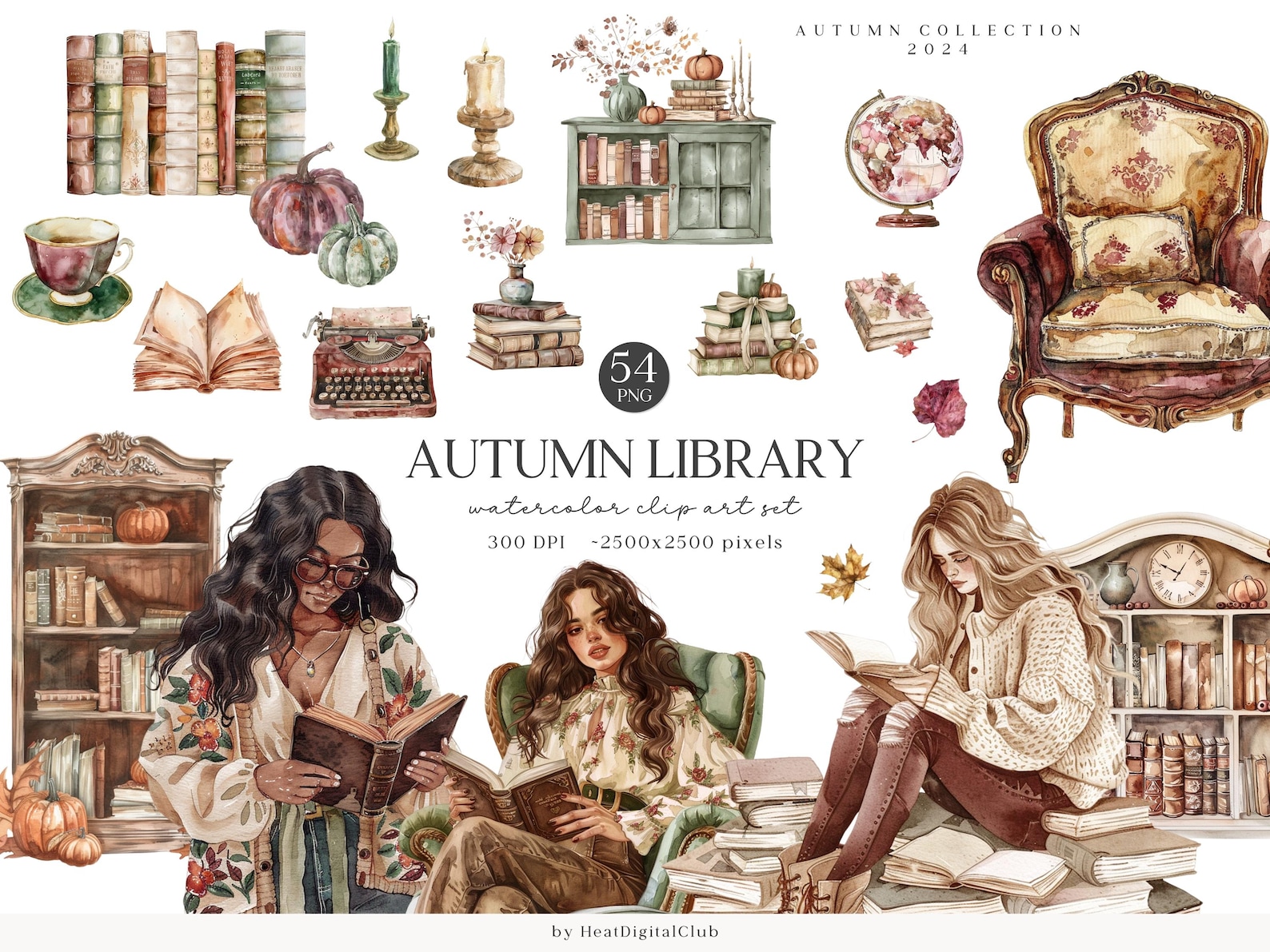 Watercolor Autumn Library Clipart Bundle, Fall Clipart PNG, Books ...