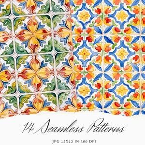 14 Seamless Watercolor Italian Tile Patterns, Mediterranean Digital ...