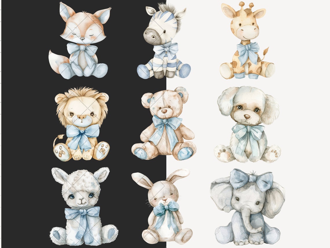 Watercolor Blue Vintage Plush Animals Clipart Bundle, Nursery Animal ...
