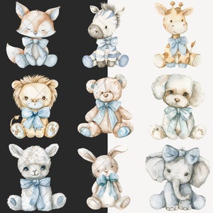 Watercolor Blue Vintage Plush Animals Clipart Bundle, Nursery Animal ...