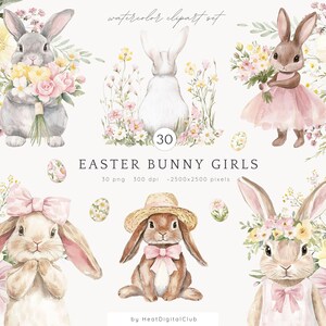 Watercolor Easter Bunnies Clipart, Spring Floral PNG (digital Download ...