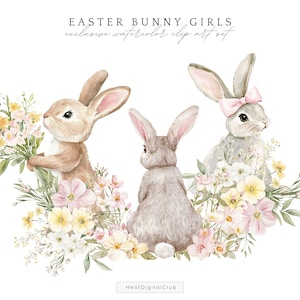 Watercolor Easter Bunnies Clipart, Bunny Girl PNG, Pink Bunnies Clipart ...
