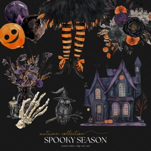 Watercolor Halloween Clipart Bundle, Spooky Season Clip Art, Black Cat ...