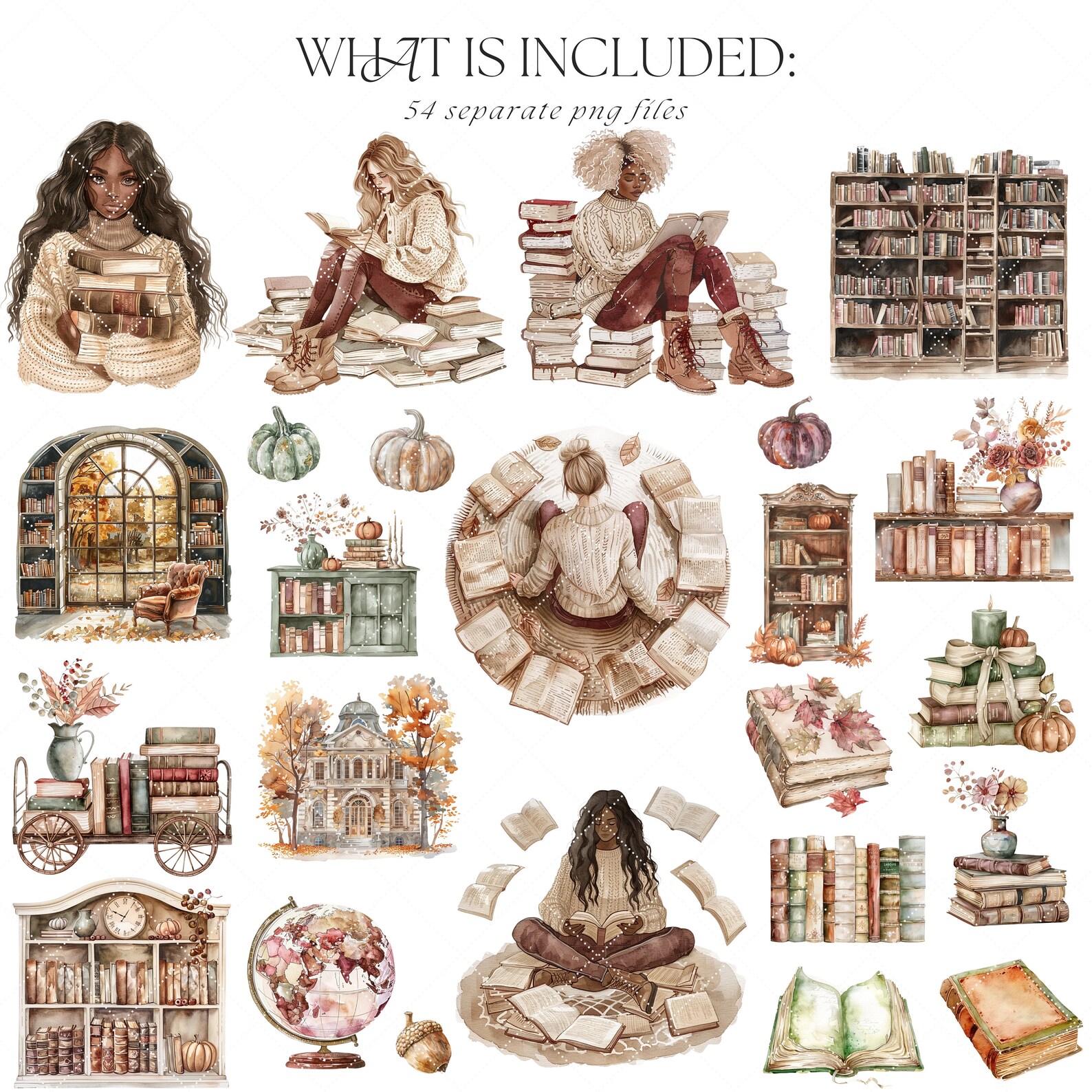 Watercolor Autumn Library Clipart Bundle, Fall Clipart PNG, Books ...