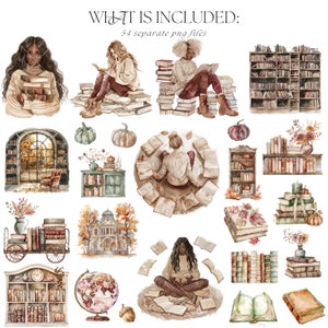 Watercolor Autumn Library Clipart Bundle, Fall Clipart PNG, Books ...