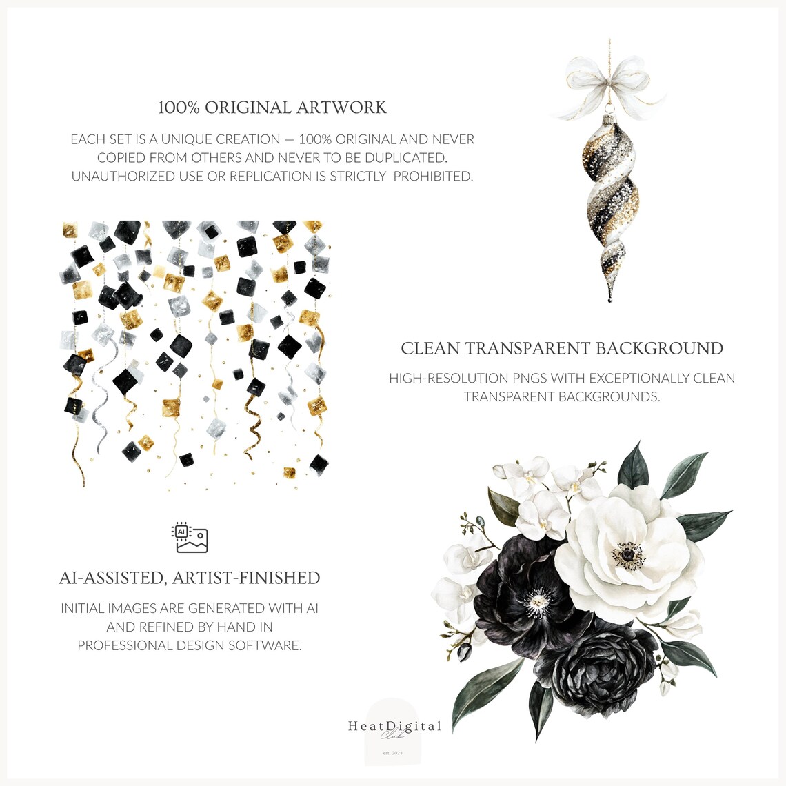Watercolor Happy New Year Floral Arrangements Clipart, Black White Gold ...