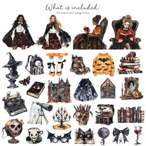 Watercolor Halloween Academia Clipart Bundle, Spooky Gothic PNG, Dark ...