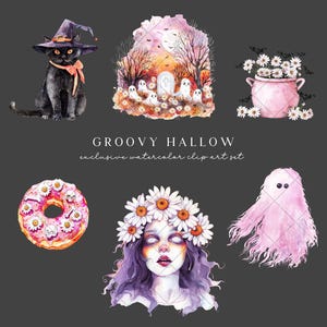 Watercolor Groovy Halloween Clipart, Hippie Spooky Halloween Clip Art ...