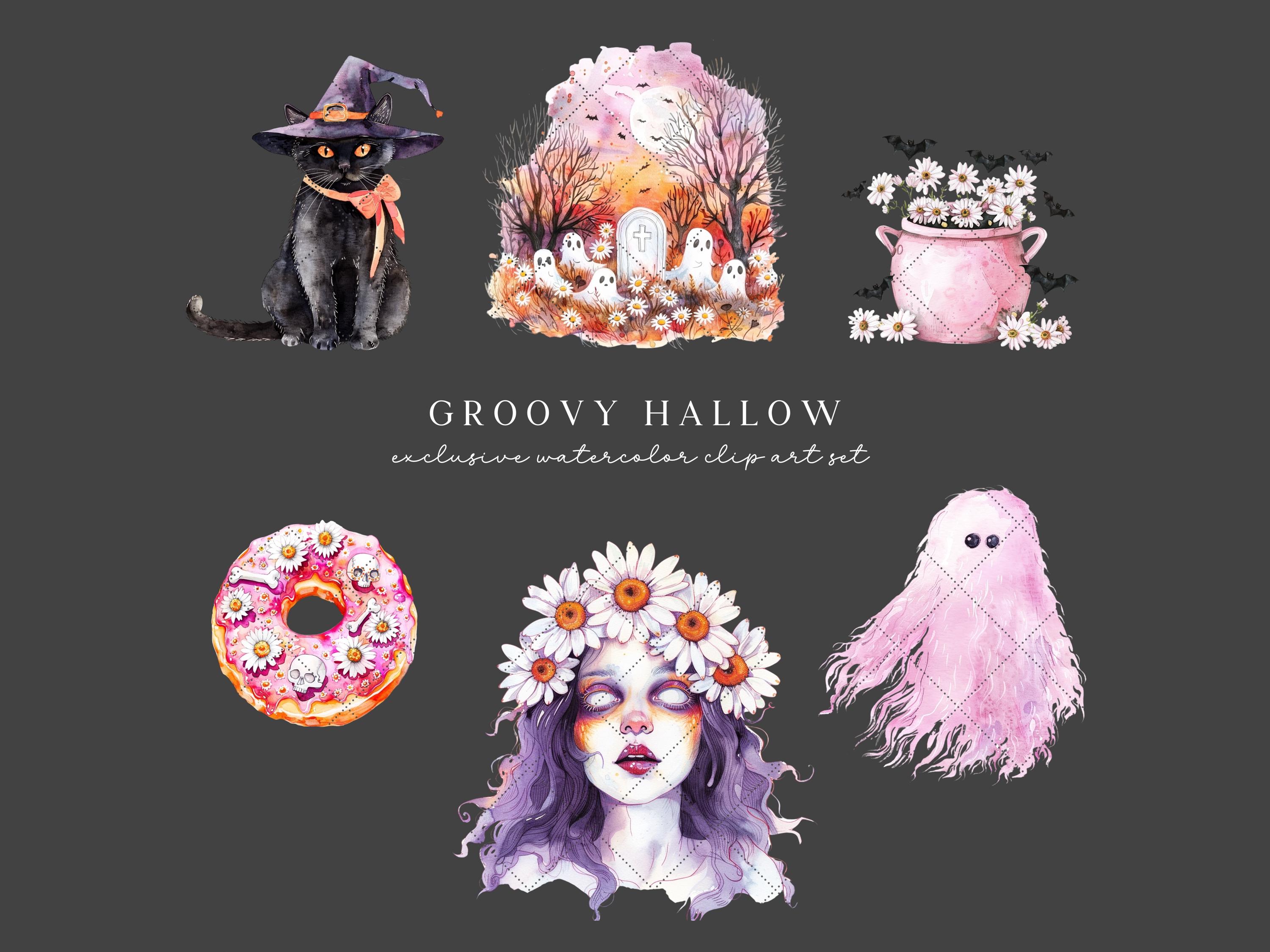 Watercolor Groovy Halloween Clipart, Hippie Spooky Halloween Clip Art ...