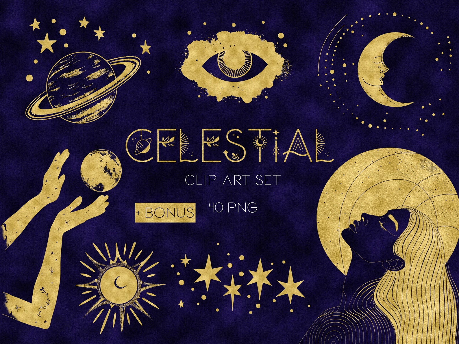 Gold Celestial Bodies Mystic Clip Art Bundle, Digital Png Clipart ...