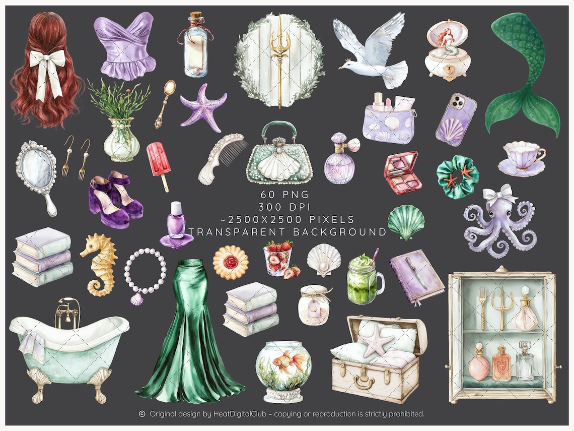 Watercolor Modern Ariel Clipart, Mermaid Clip Art, Ocean PNG, Ariel ...