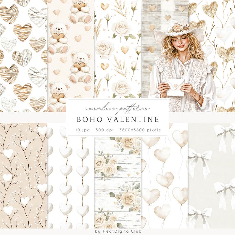Watercolor Boho Valentine Seamless Patterns, Romantic Scrapbook Paper ...