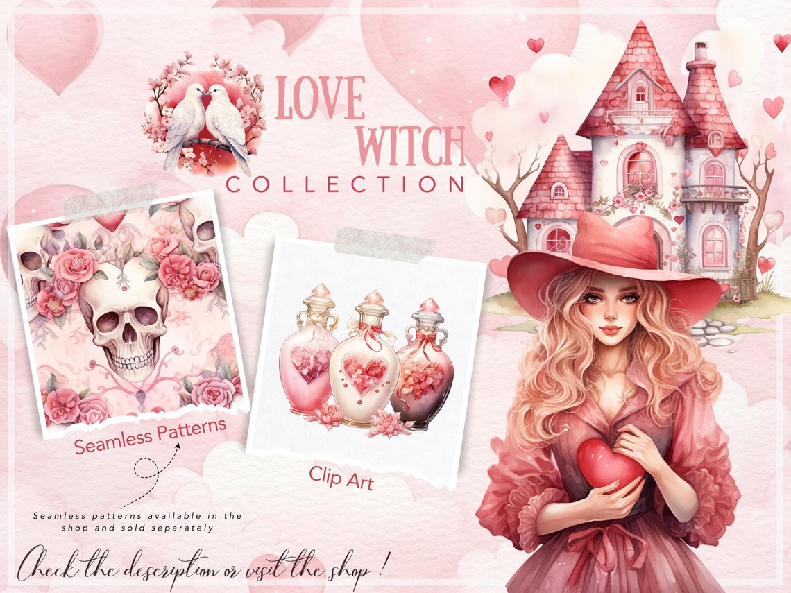 Watercolor Love Witch Clipart Bundle, Romantic Magic Witch Clip Art PNG ...
