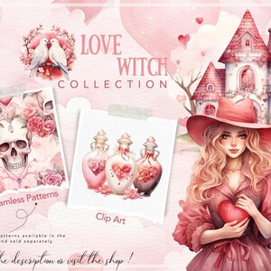 Watercolor Love Witch Clipart Bundle, Romantic Magic Witch Clip Art PNG ...