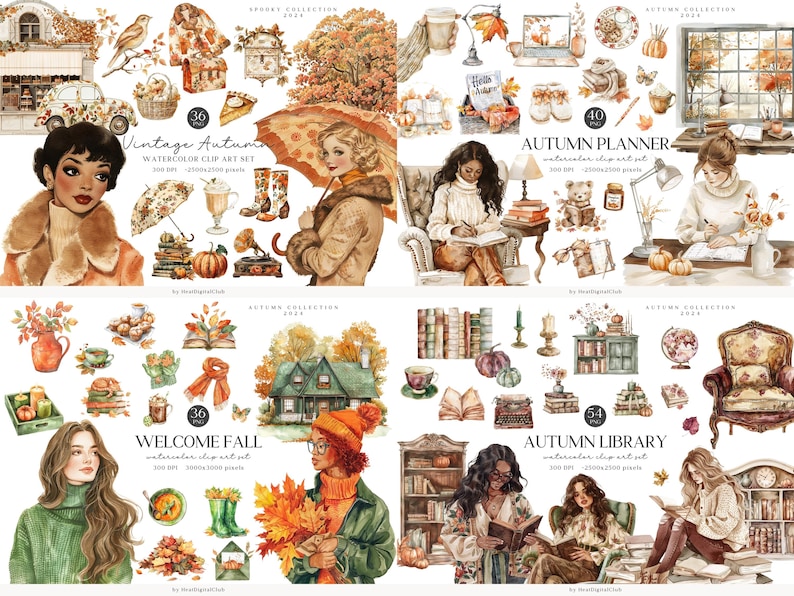 Watercolor Autumn Clipart Bundle, Fall Clipart PNG, Cozy Fall Images ...