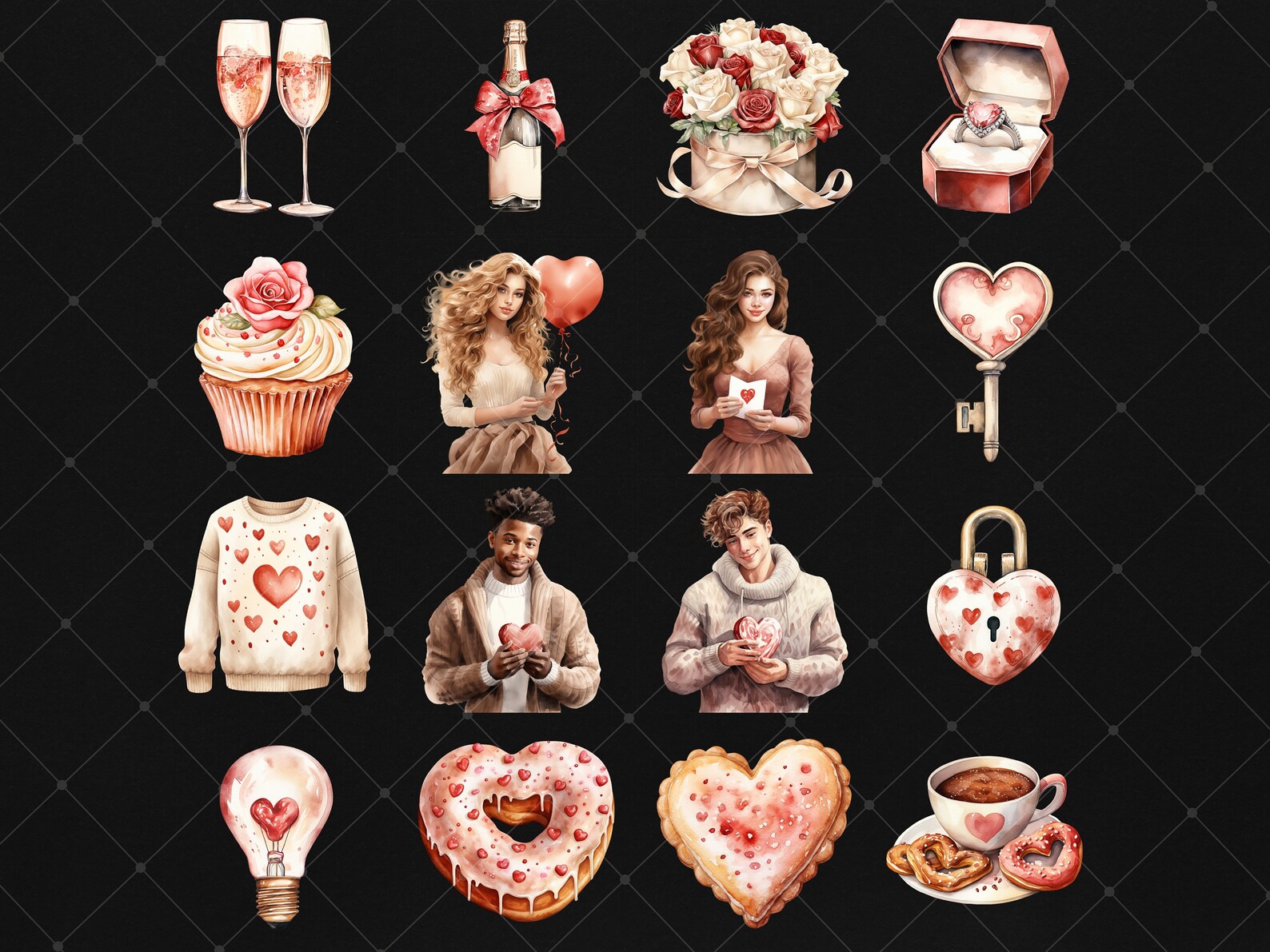 Watercolor Cozy Valentine Clipart Bundle, Valentines Day Clip Art PNG ...