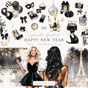 Watercolor Happy New Year Clipart, Black Gold Silver Party PNG, Party ...