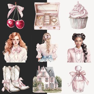 Watercolor Pink Coquette Aesthetics Clipart, Romantic Vintage Girl Clip ...