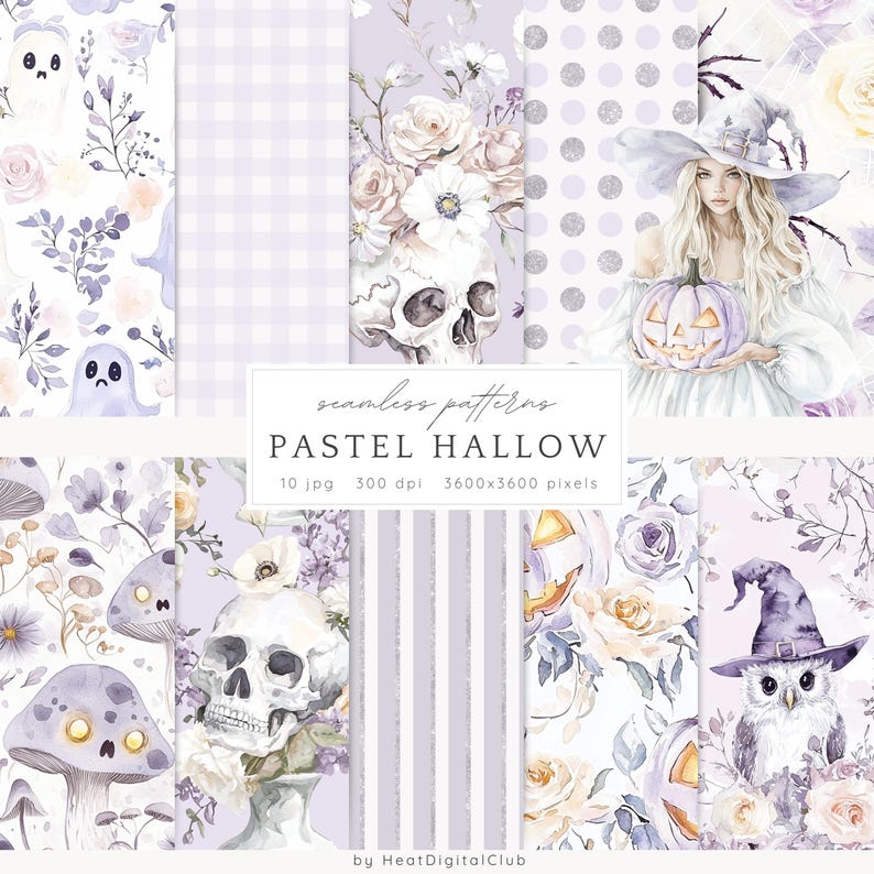 Watercolor Pastel Halloween Patterns, Floral Pumpkin Ghosts (digital ...