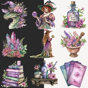 Watercolor Mythical Witch Clipart Bundle, Magic Witch Clip Art PNG ...