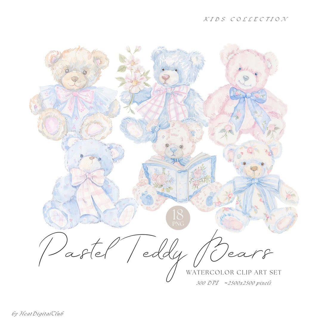 Watercolor Pastel Teddy Bear Clipart Bundle, Cute Teddy Bear PNG Bundle ...