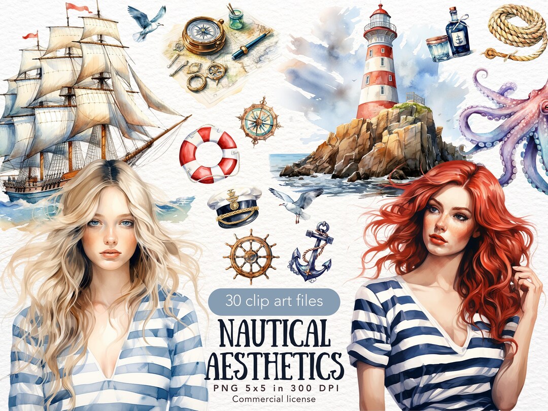Watercolor Nautical Aesthetics Clipart Romantic Navy PNG - Etsy