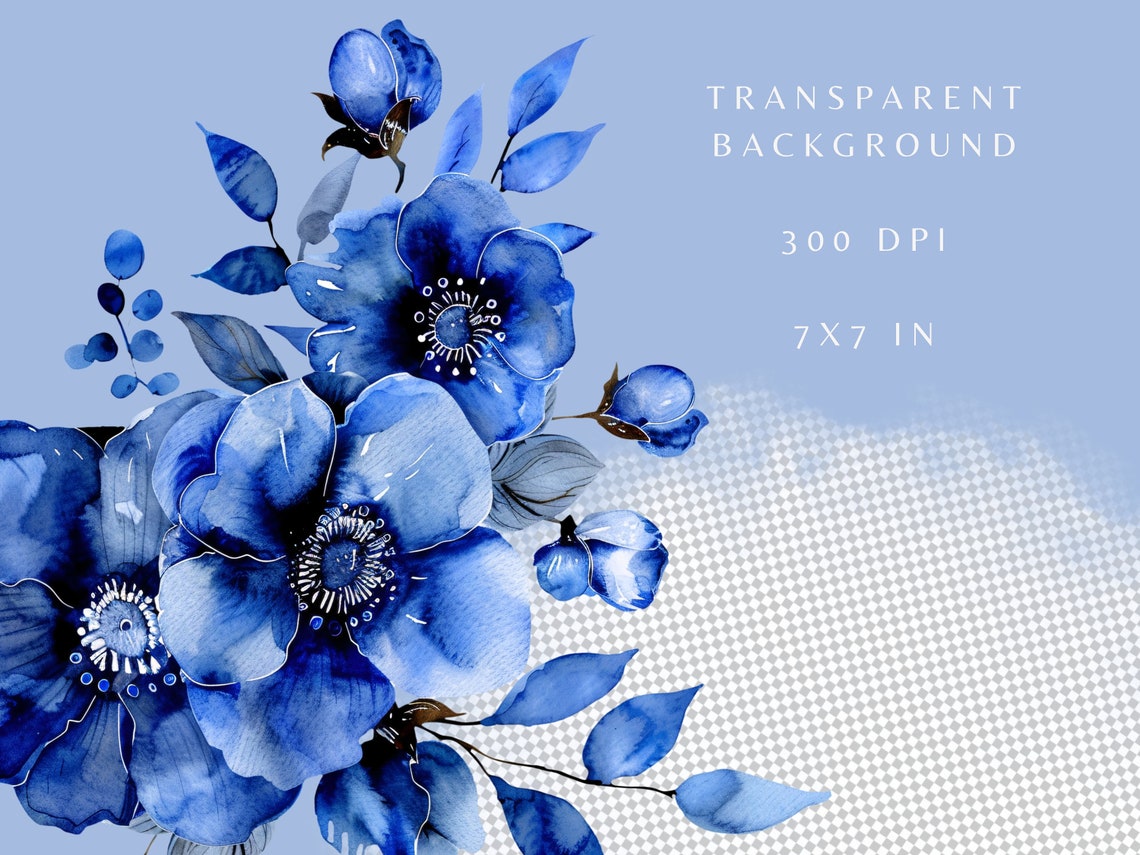Watercolor Blue Floral Clipart Bundle, Blue Flowers Clipart, Floral PNG ...
