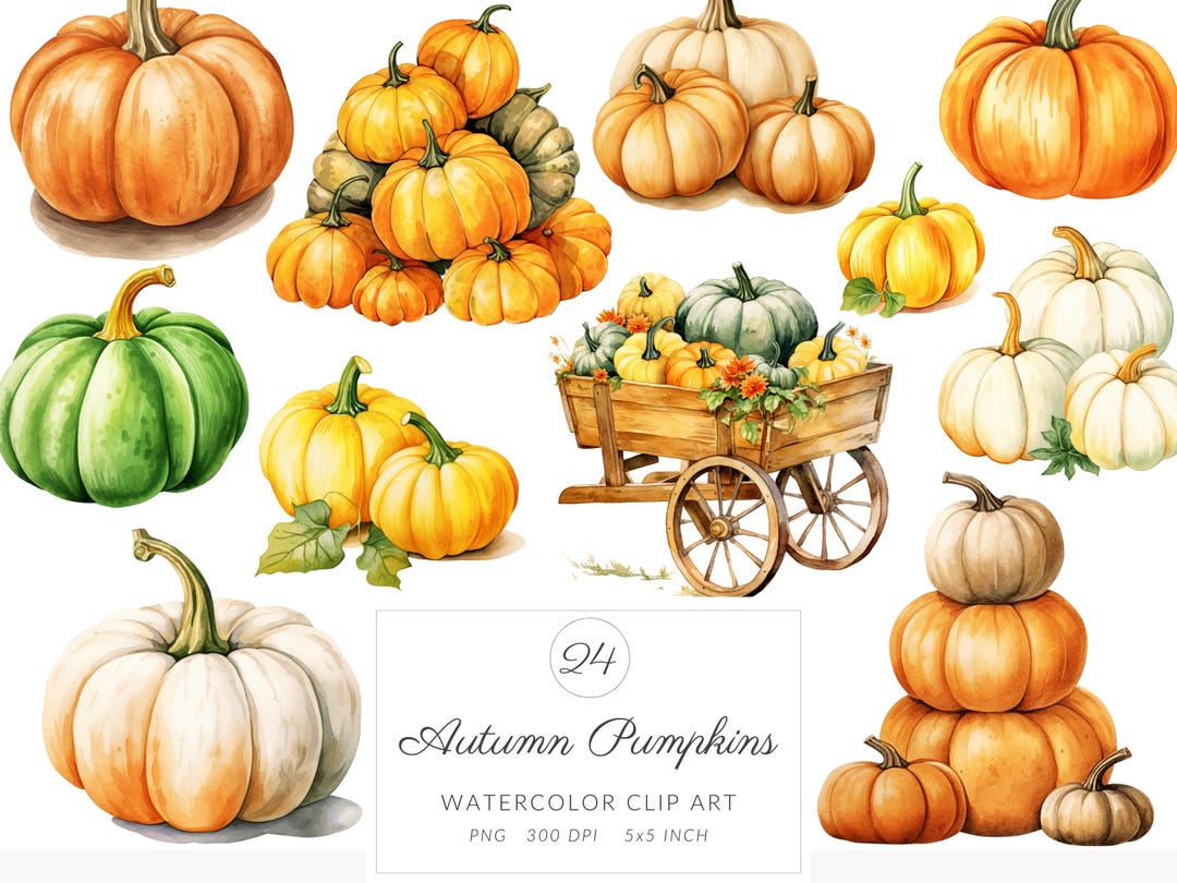 24 Watercolor Autumn Pumpkin Clipart - Fall Halloween Clip Art, Garden ...