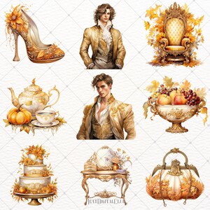 36 Watercolor Fall Princess Clipart PNG Bundle, Victorian Autumn ...