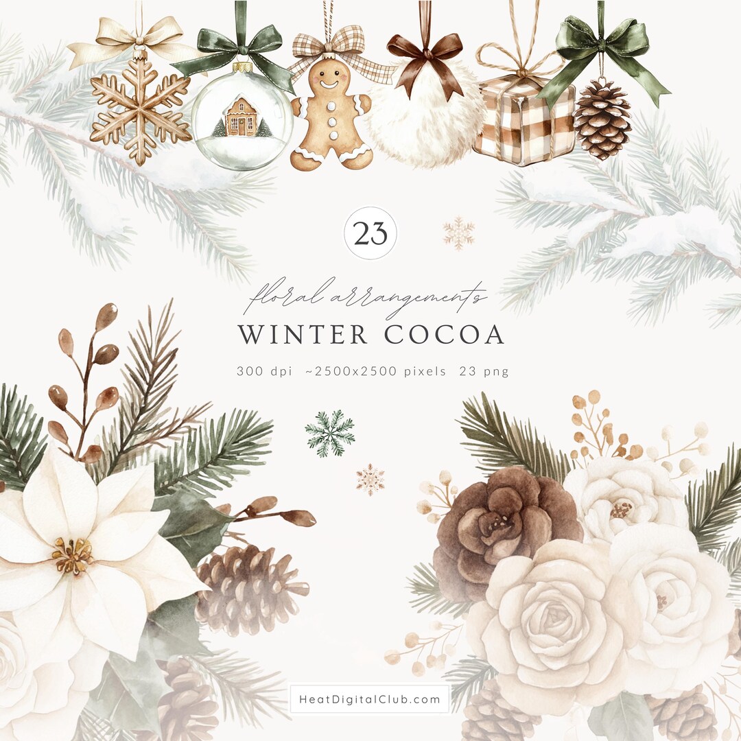 Watercolor Winter Cocoa Floral Arrangements Clipart | Elegant Winter ...