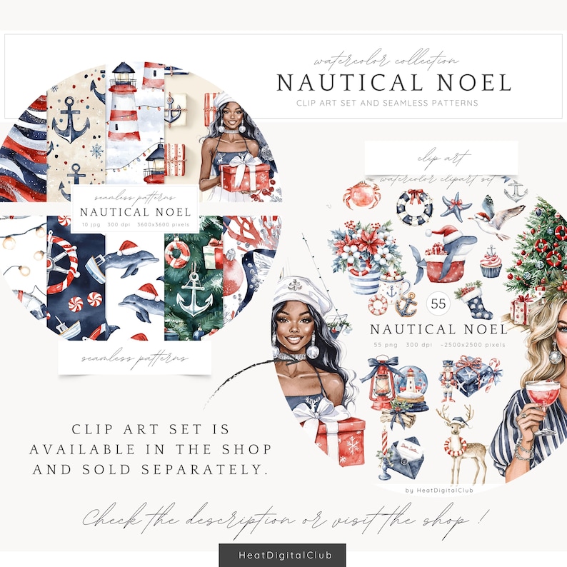 Watercolor Nautical Noel Seamless Patterns, Winter Christmas JPEG ...